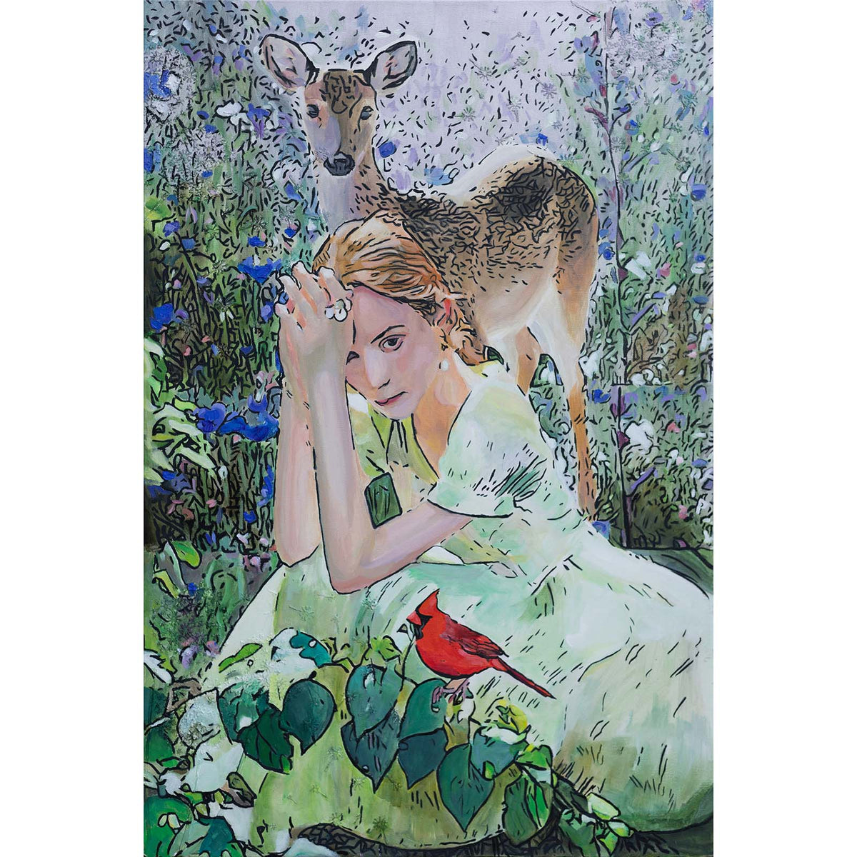 Girl Contemplating In Forest Canvas Print | Deer & Bird Wall Art ...
